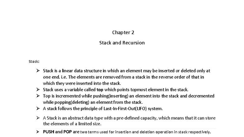 Chapter 2: Stack and Recursion in Data Structures (CS101) - Studocu
