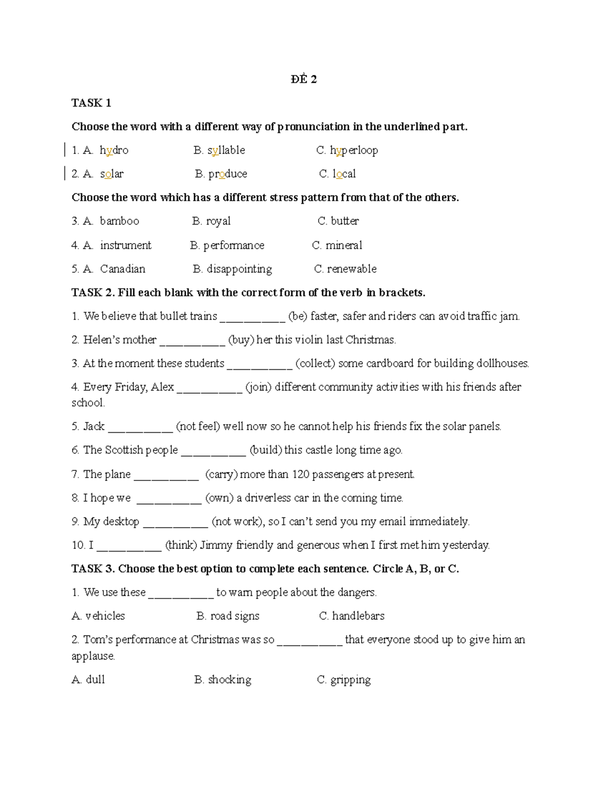 ĐỀ 2 - Pronunciation and Verb Form Exercises - Studocu