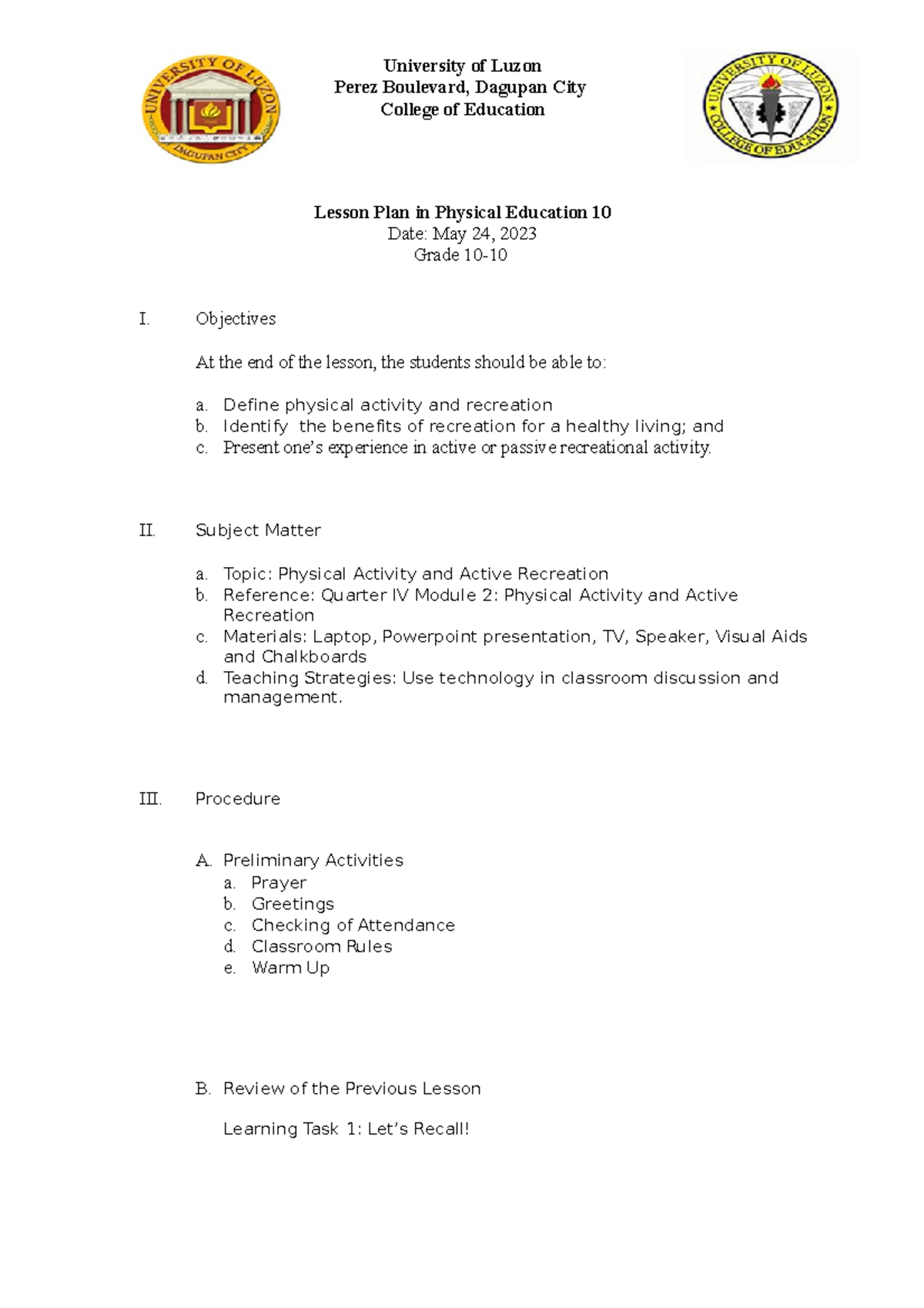 Lesson Plan for Physical Education 10: Focus on Recreation Activities ...