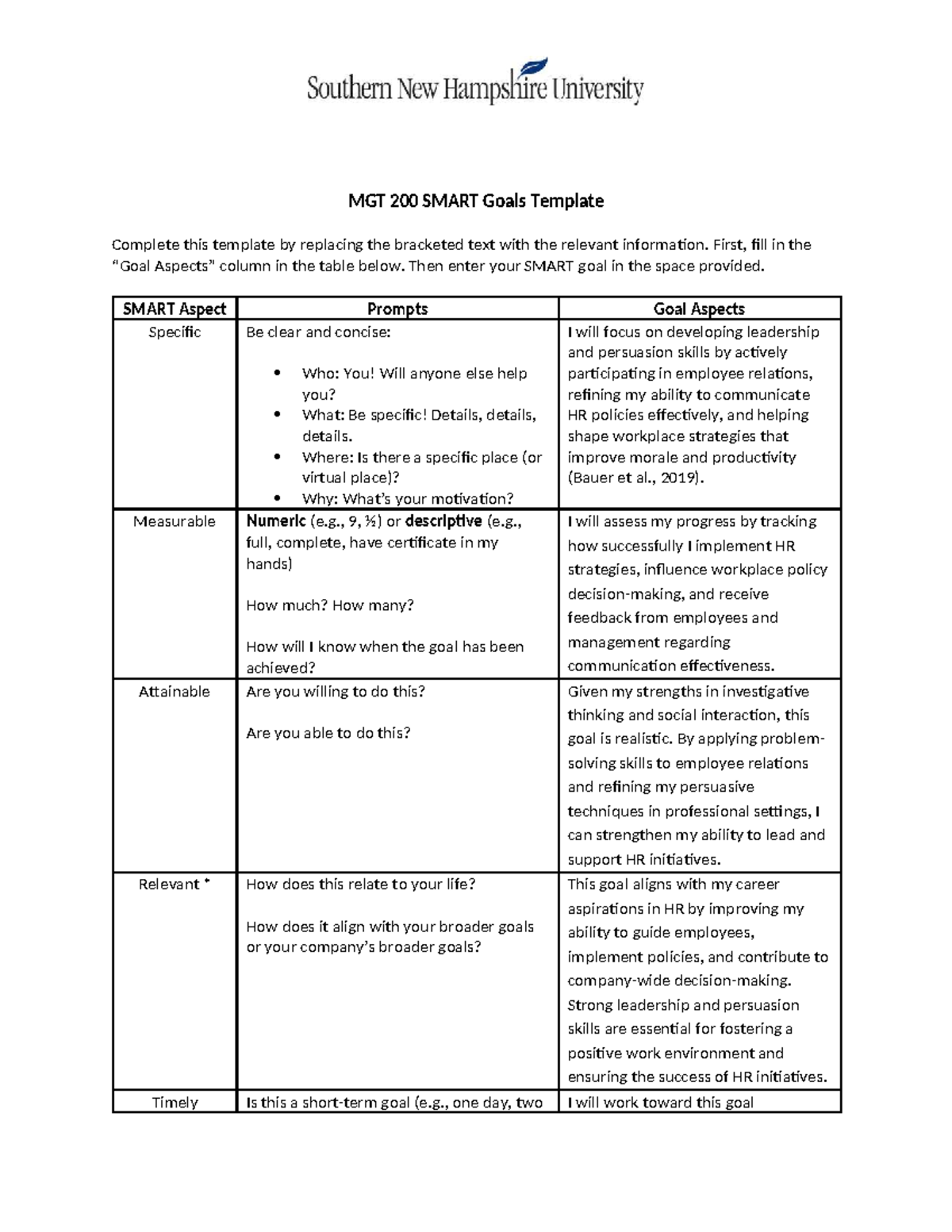 MGT 200 SMART Goals Template for Leadership & Persuasion Skills - Studocu