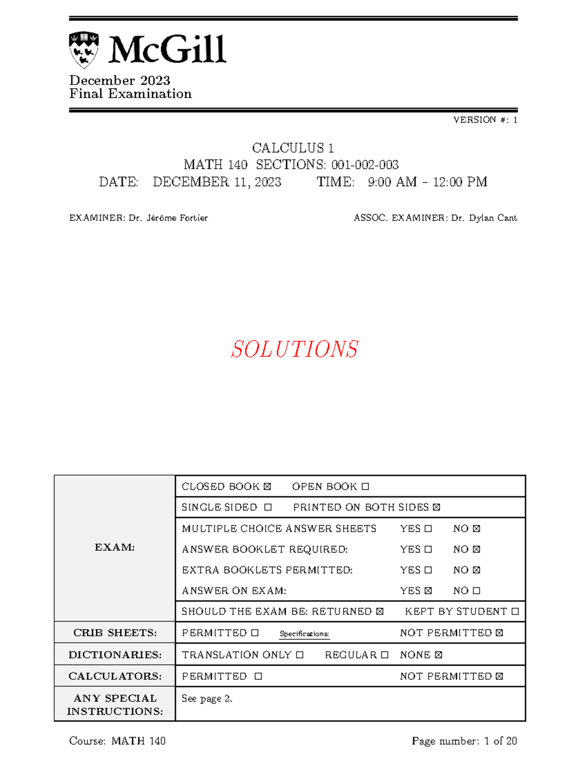MATH 140 Final Exam Solutions - December 2023 Edition - Studocu