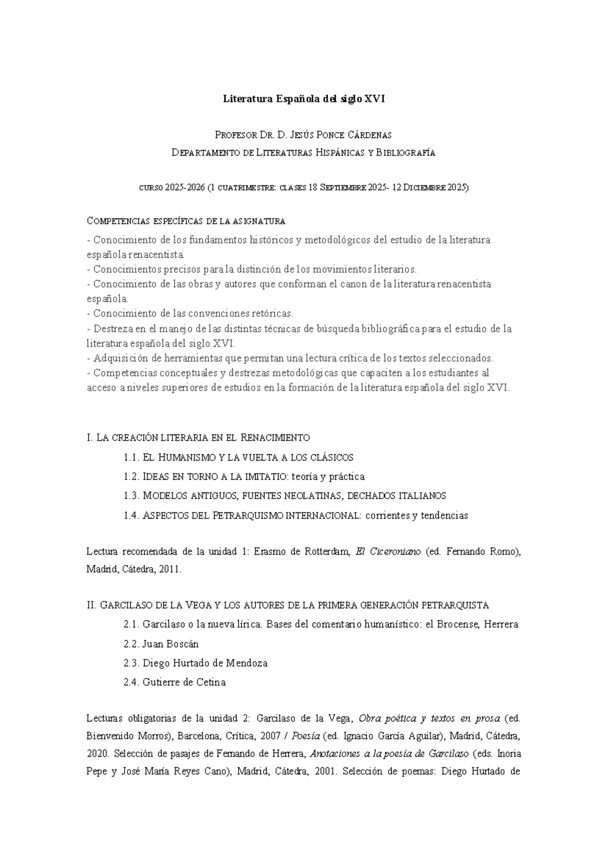 Programa de Literatura Española del Siglo XVI (1er Cuatrimestre 2025 ...