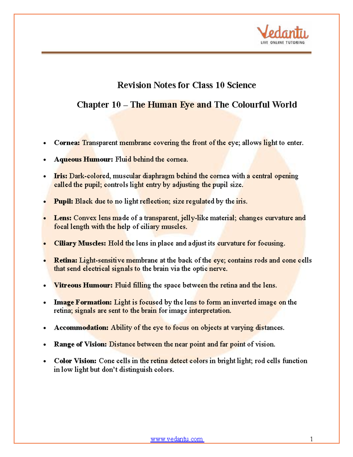 Class 10 Science Revision Notes: The Human Eye & Colourful World - Studocu