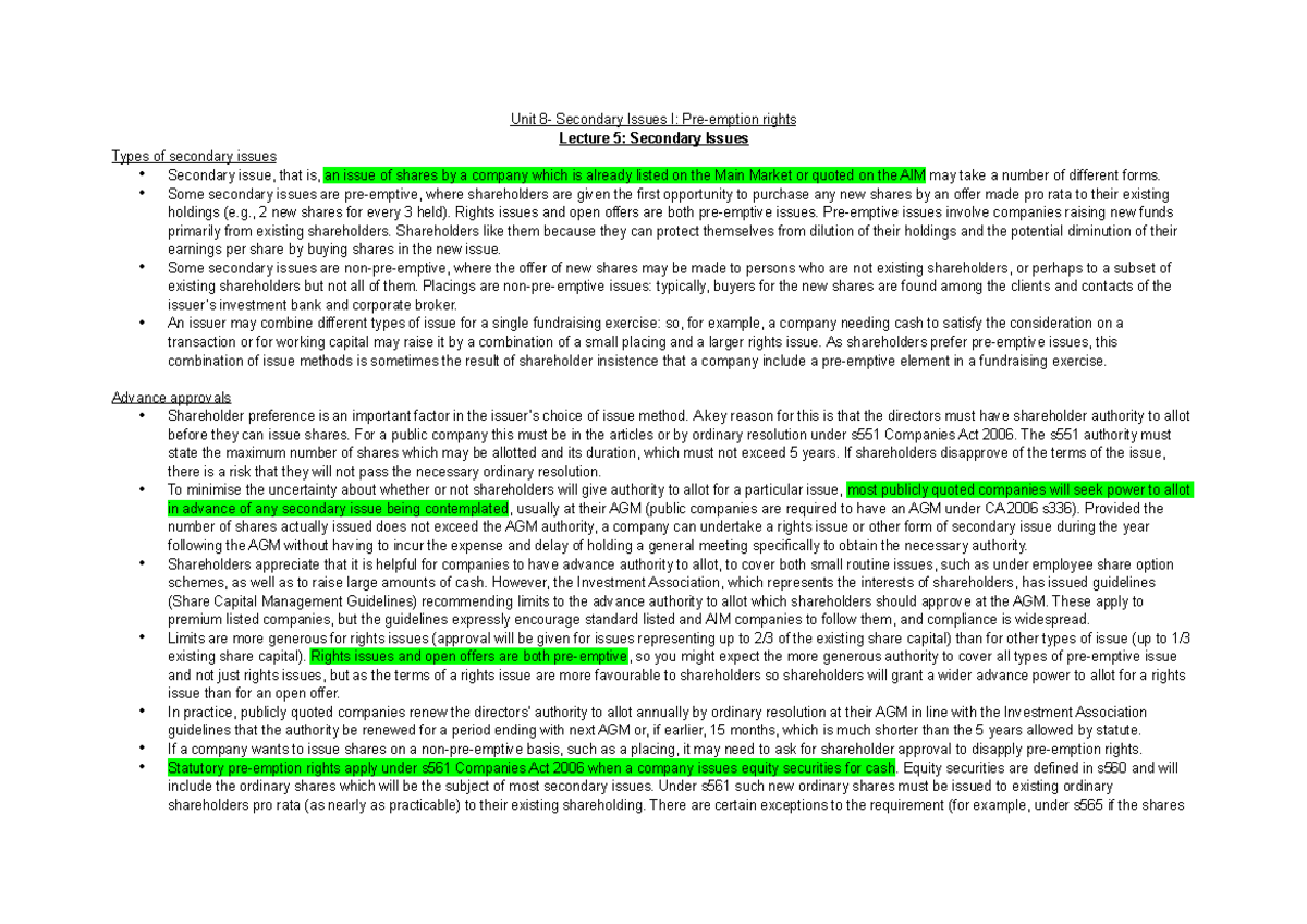 Unit 8- Secondary Issues I- Pre-emption rights - Unit 8- Secondary ...