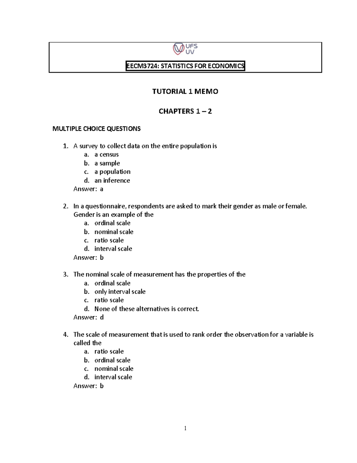 EECM3724: Statistics for Economics Tutorial 1 Memo - MCQs & Data ...