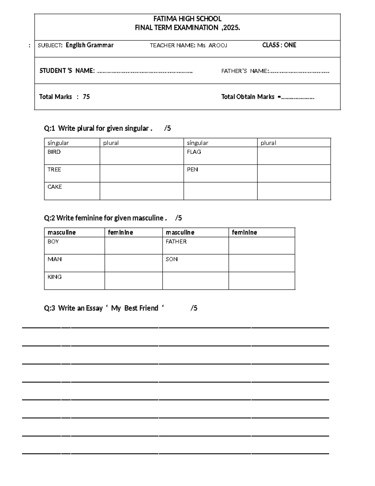 Final Exam Paper - English Grammar (PAP 2025) for Class One - Studocu