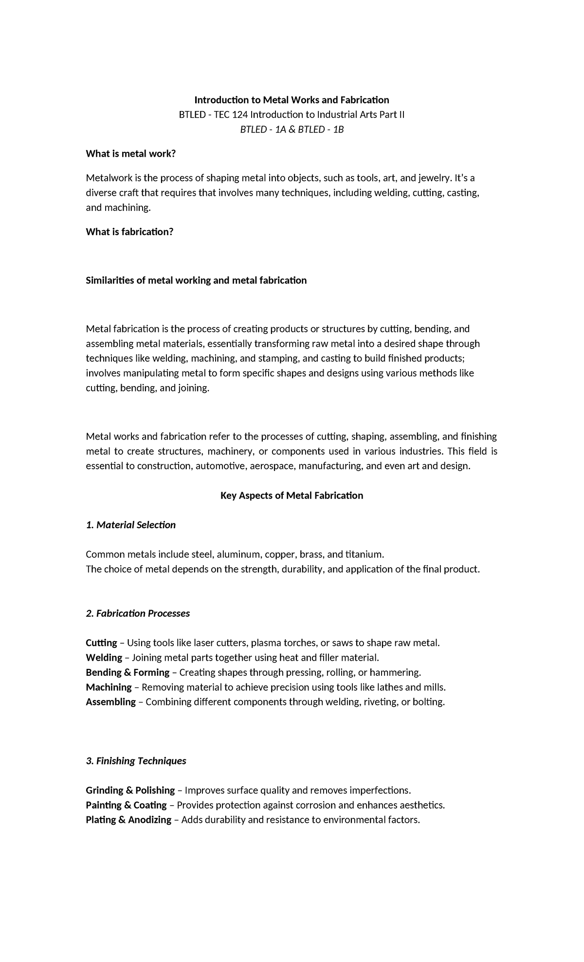 TEC 124 Handout UNIT 1 - Notes - Introduction to Metal Works and ...