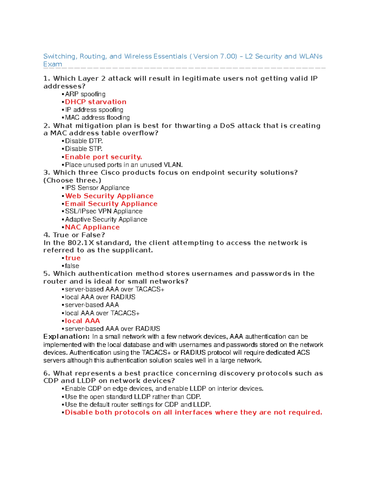 CCNA 2 v7 Modules 10 – 13 L2 Security and WLANs Exam Answers ...