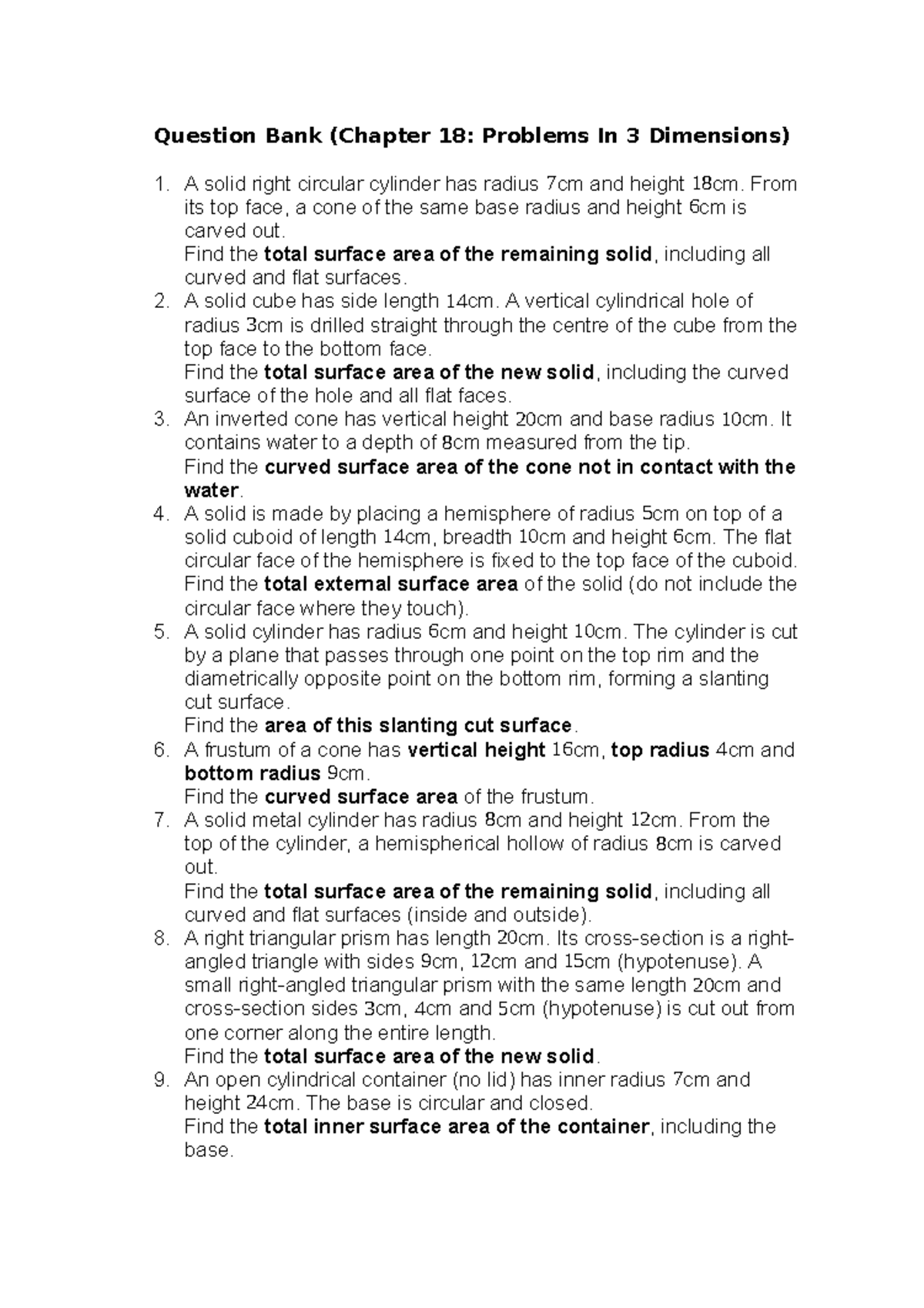 Question Bank (PHAR 287: Chapter 18 - 3D Surface Area Problems) - Studocu