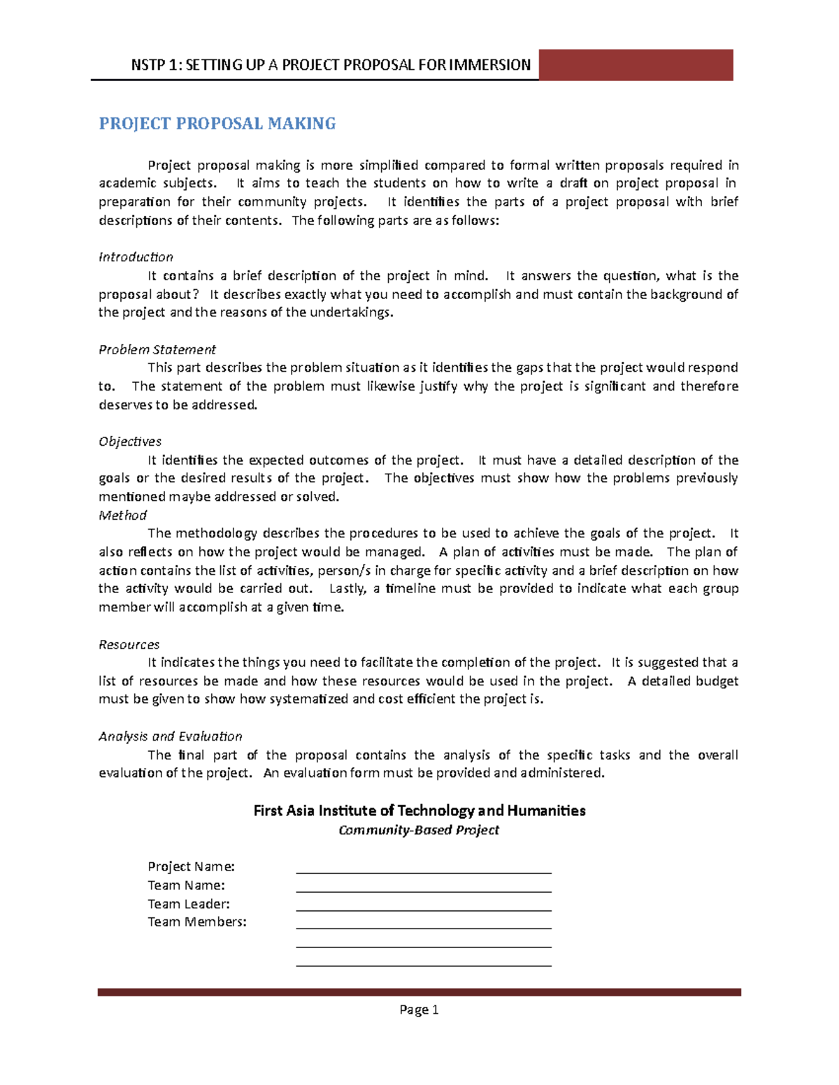 16. Setting Up a Project Proposal for Immersion - PROJECT PROPOSAL ...