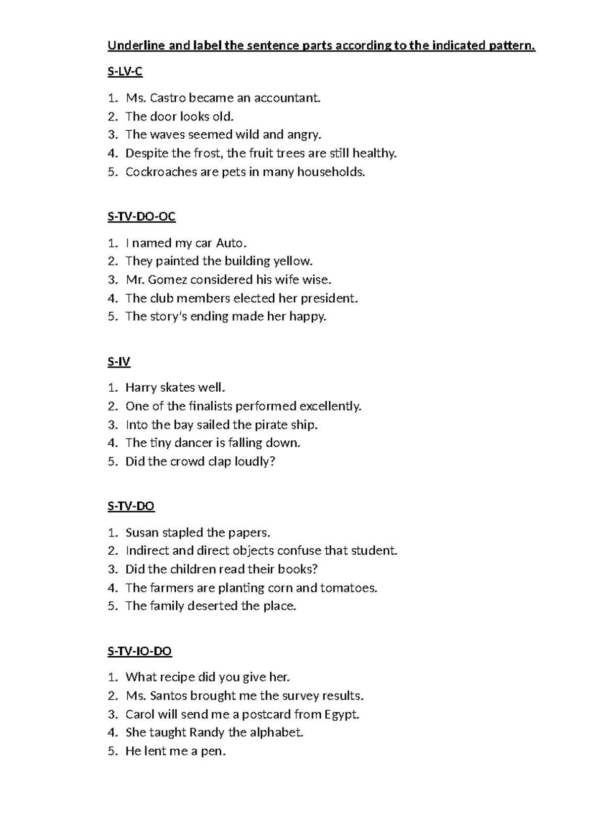 Sentence- Patterns Macerate- Completers - Underline and label the ...