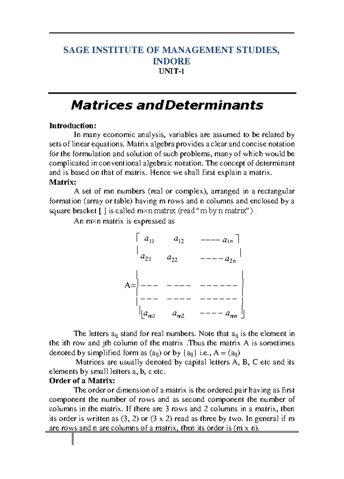 Matrices and Determinants: Maths Notes for Unit One - Studocu