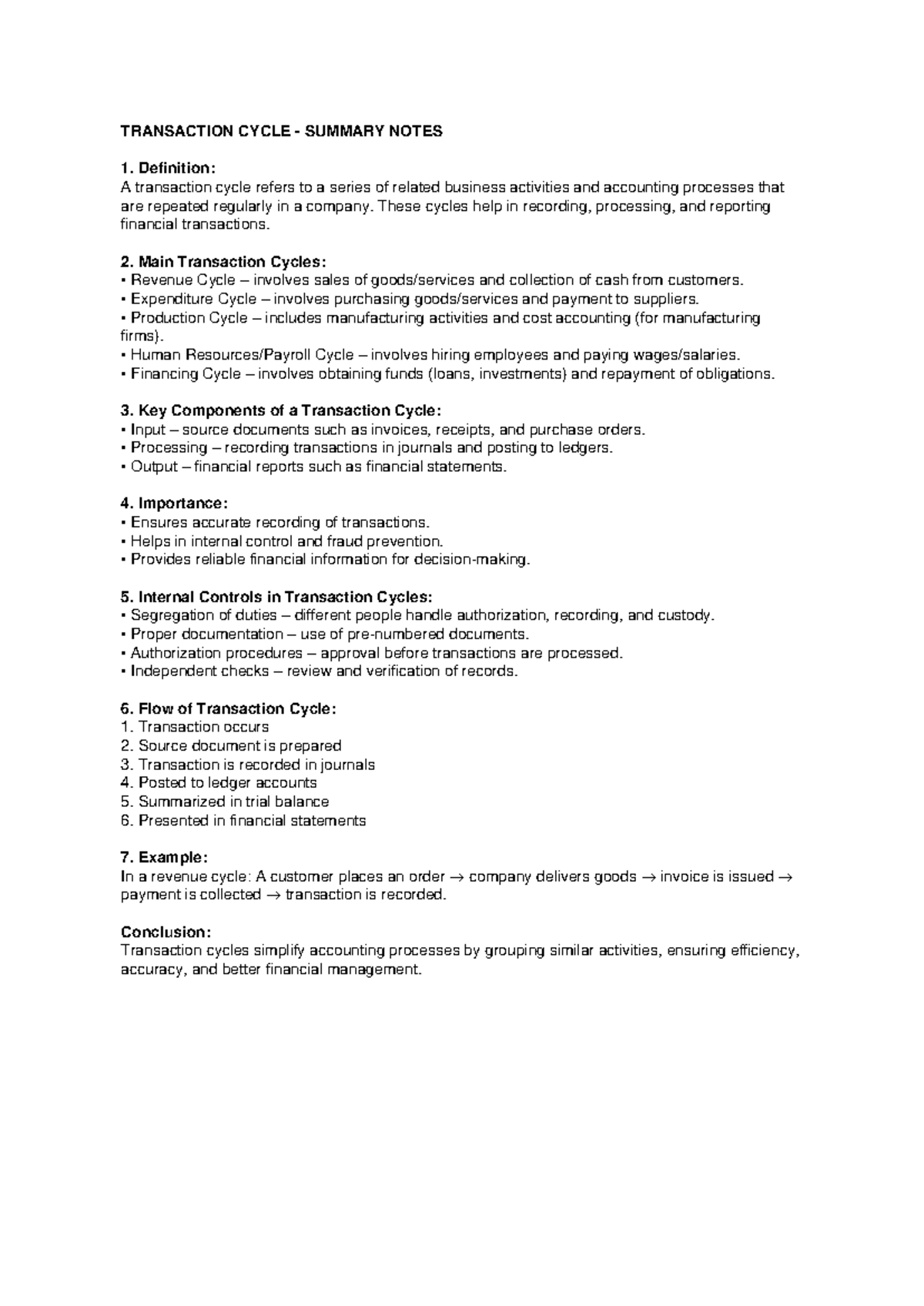 Transaction Cycle Summary Notes: Key Components & Importance - Studocu