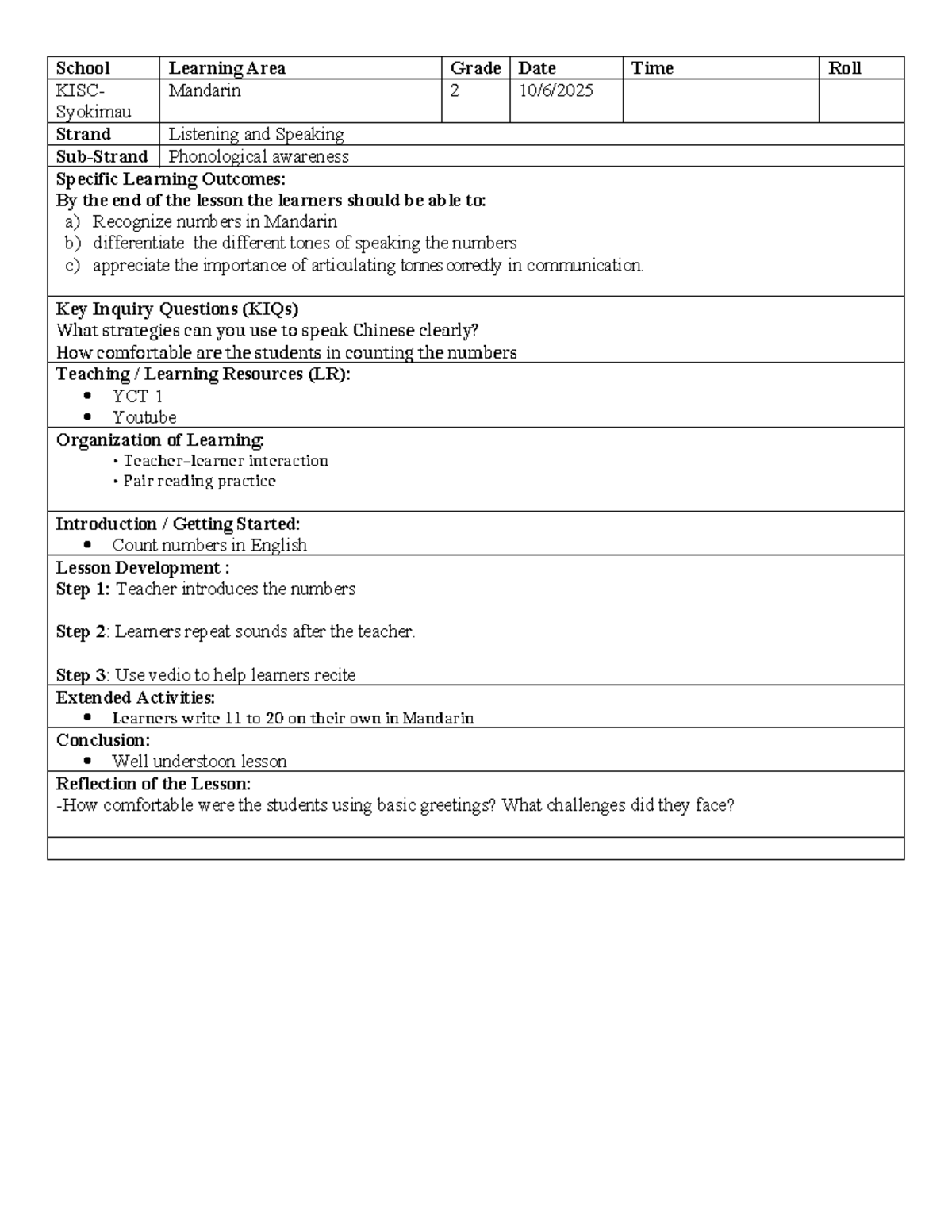 KISCMandarin 2 Grade 4 Lesson Plan: Listening & Speaking Skills - Studocu