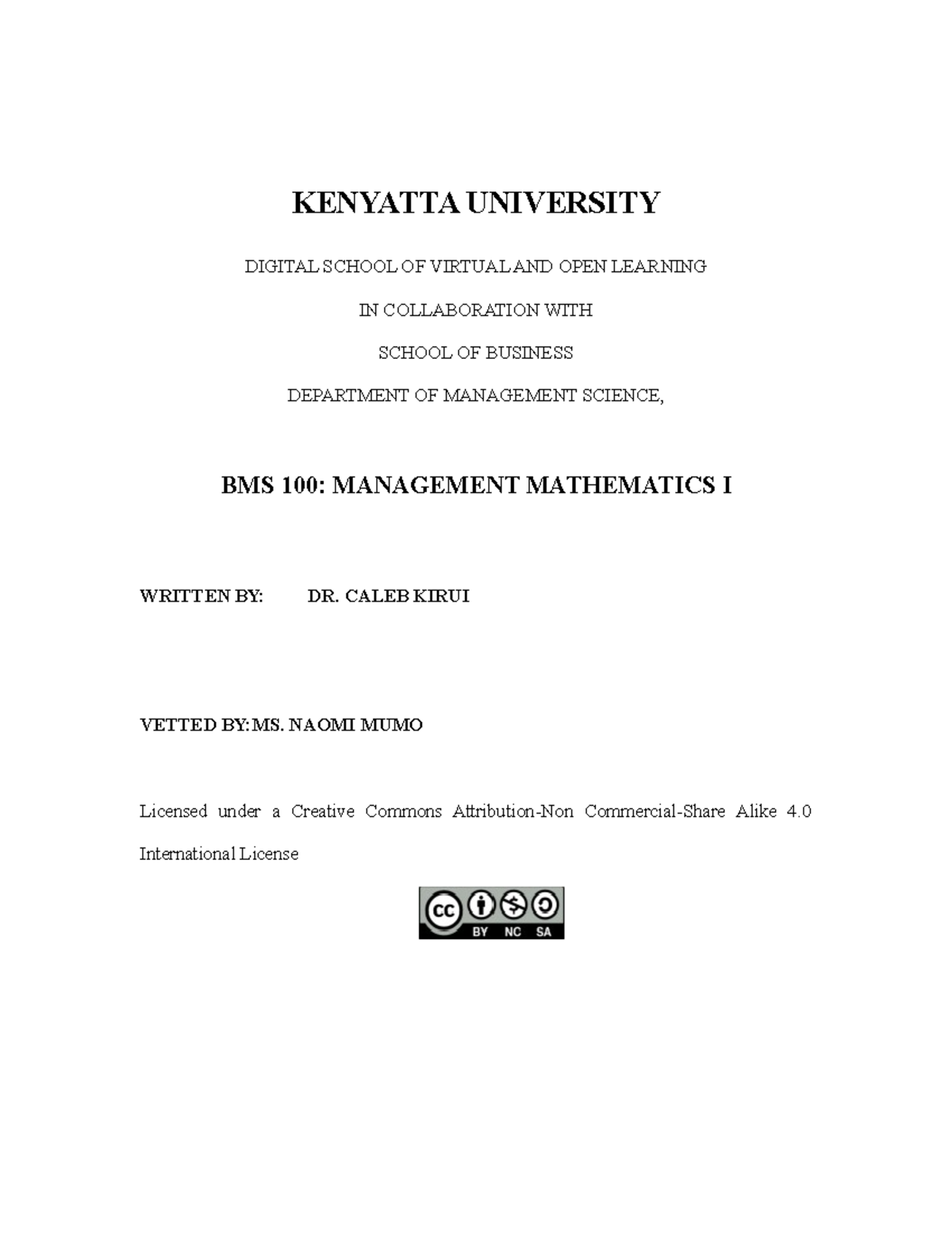 BMS 100 Module Interactive Module - KENYATTA UNIVERSITY DIGITAL SCHOOL OF VIRTUAL AND OPEN ...