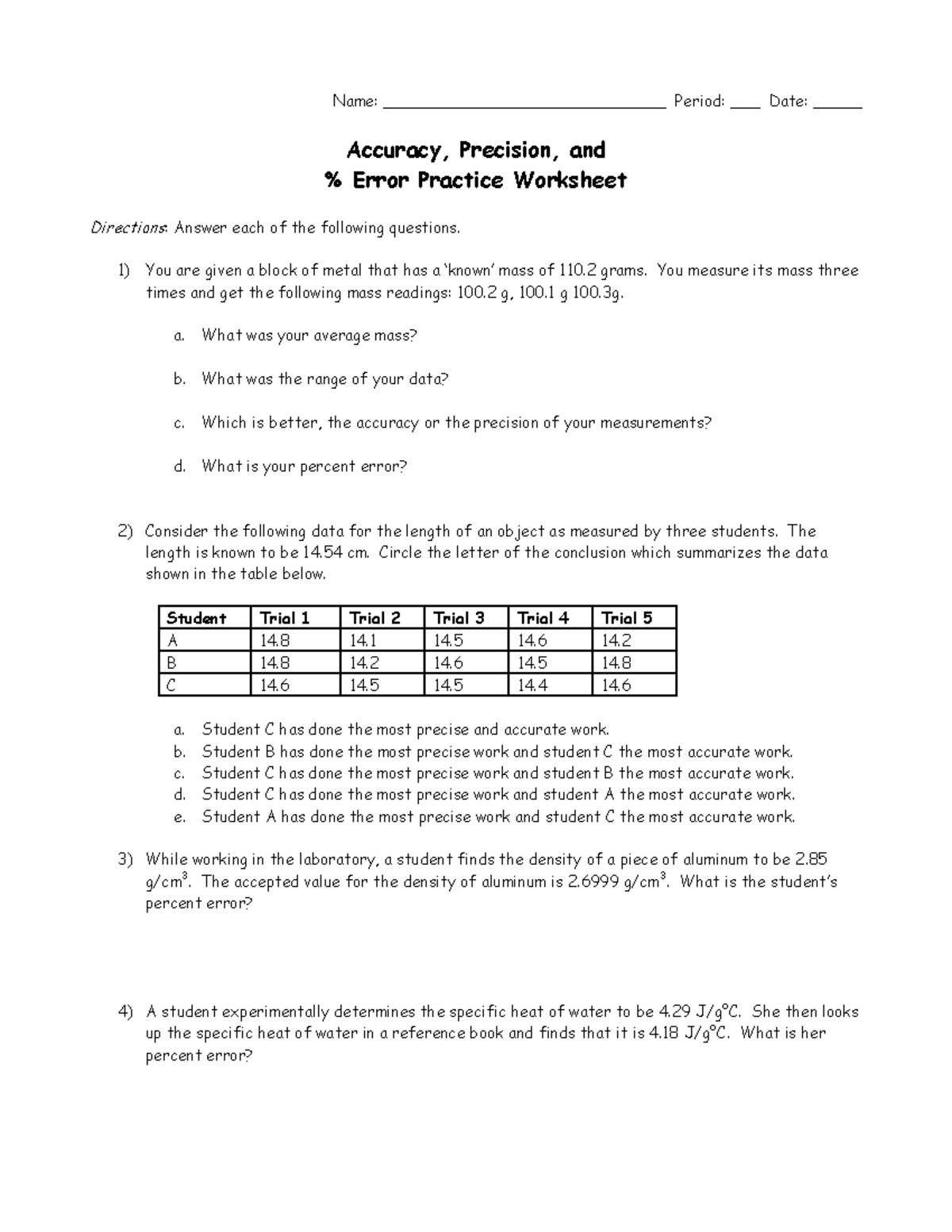 Accuracy, Precision, and Percent Error Practice Worksheet - Studocu