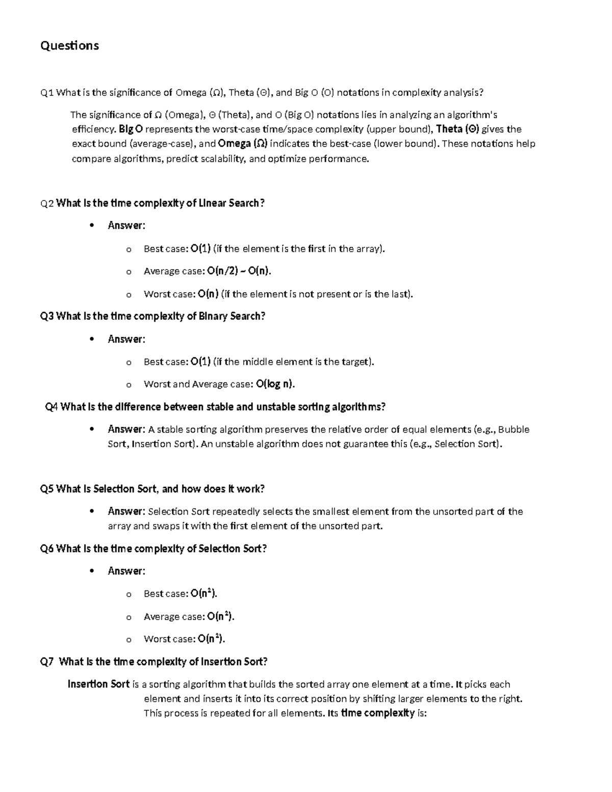 Viva question cse 205 - Questions Q1 What is the significance of Omega (Ω), Theta (Θ), and Big O ...
