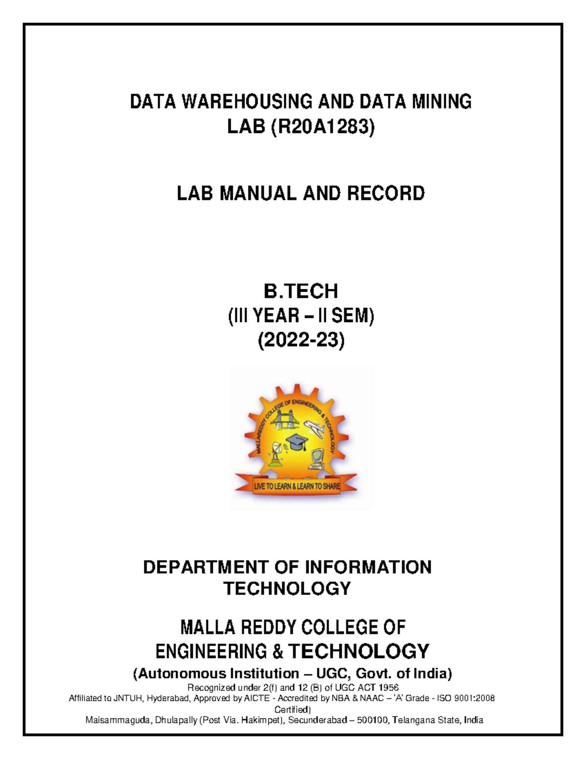 Data Warehousing and Data Mining Lab Manual (R20 A128 3) 2022-23 - Studocu