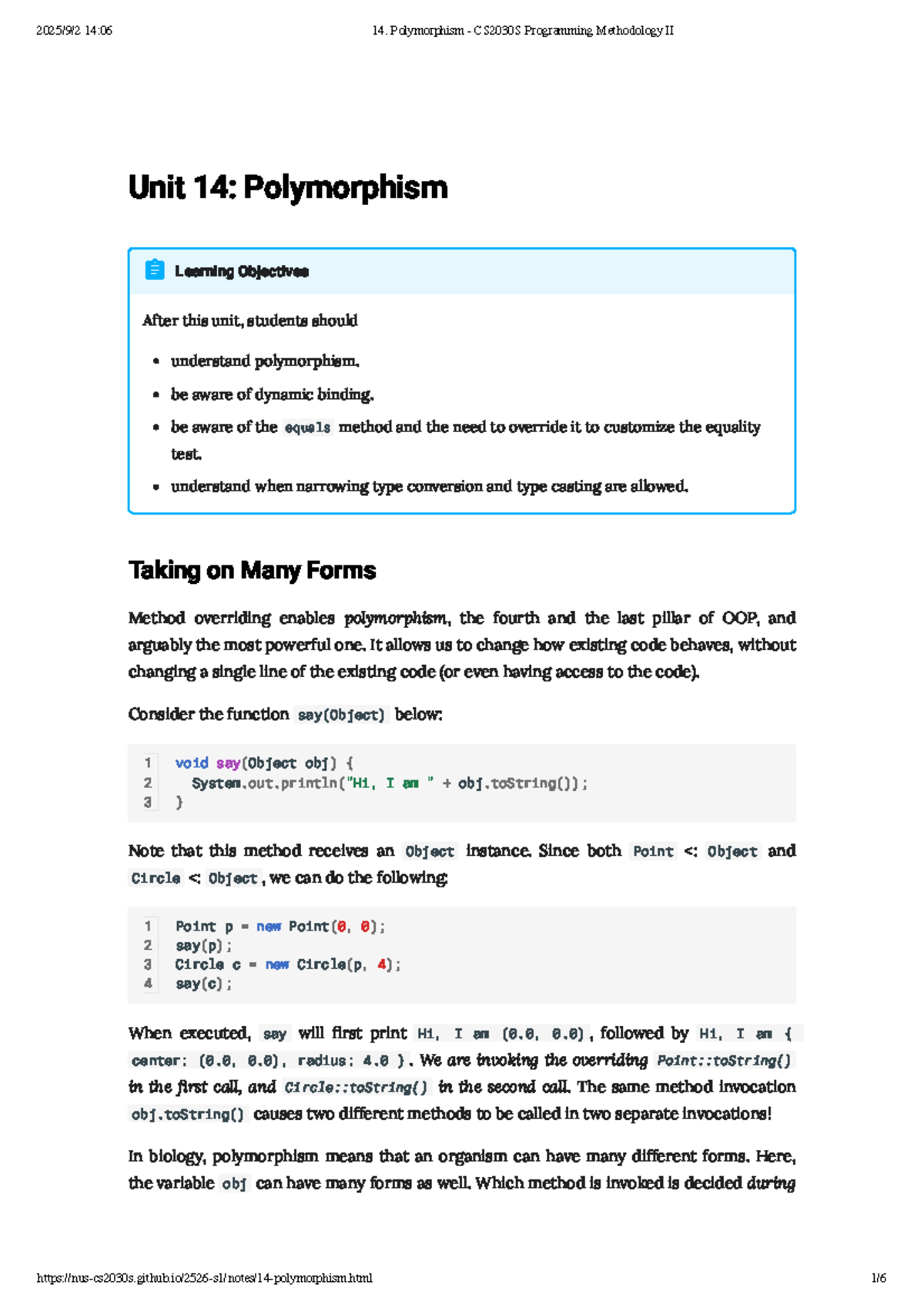 Unit 14: Polymorphism Overview - CS2030S Programming Methodology II - Studocu