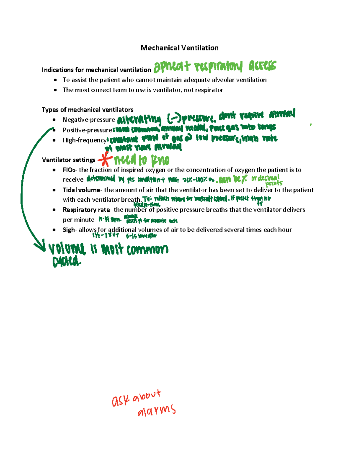 Mechanical Ventilation 2023: Indications and Settings Overview - Studocu