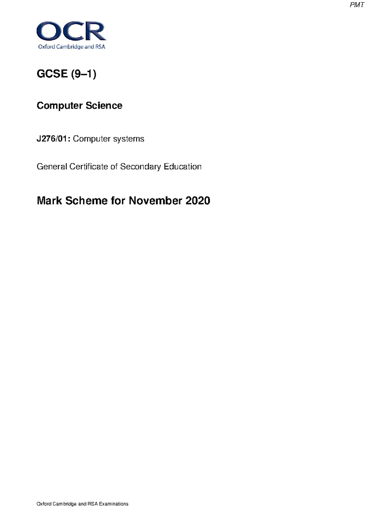 November 2020 MS Mark Scheme for J276/01 Computer Science GCSE - Studocu