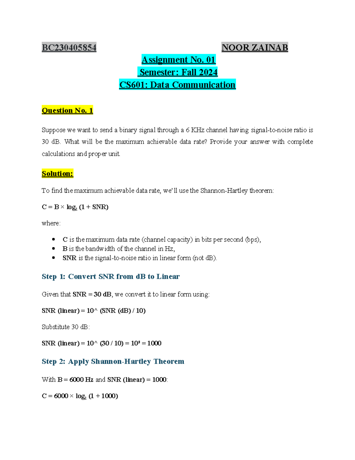 CS601 Assignment 1 - BC230405854 NOOR ZAINAB Assignment No. 01 Semester ...