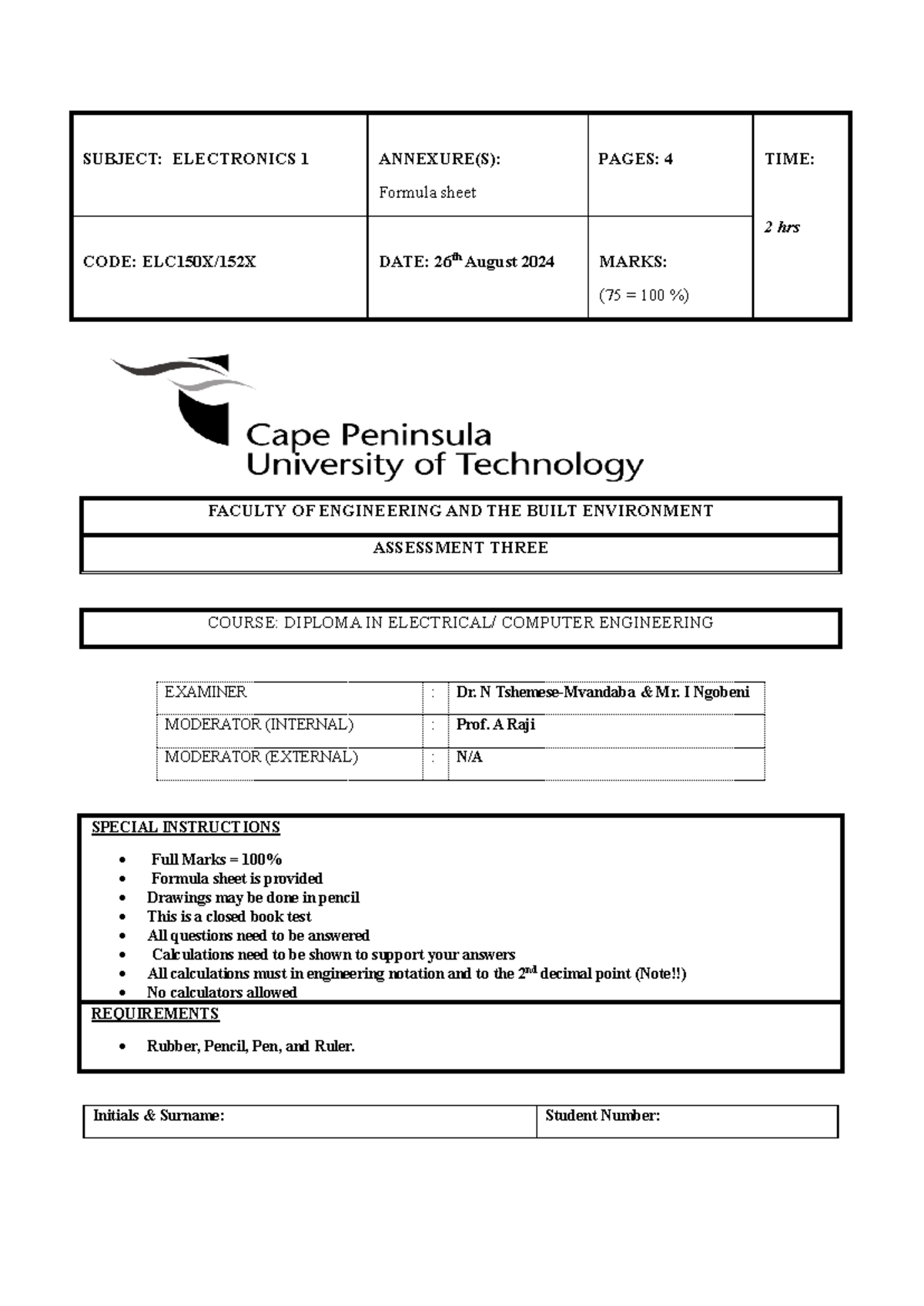 Electronics 1 Test 3 Formula Sheet - Diploma in Computer Engineering ...