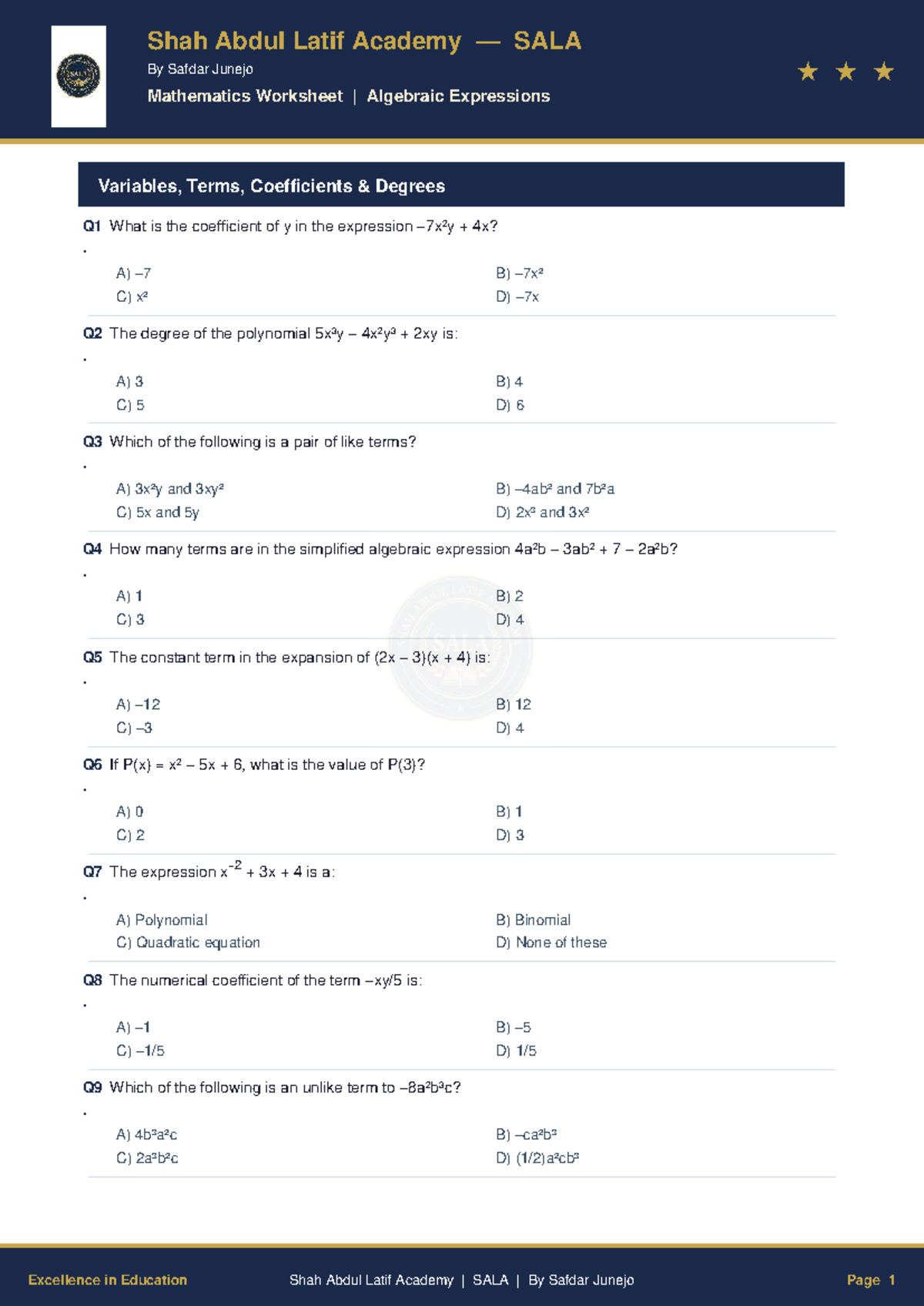 SALA Mathematics Worksheet: Algebraic Expressions & Operations - Studocu