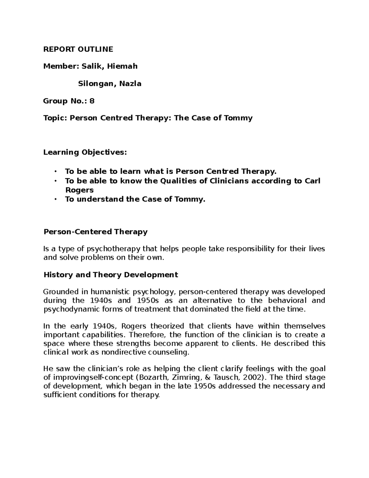 Report Outline No. 8: Person-Centered Therapy Case Study of Tommy - Studocu