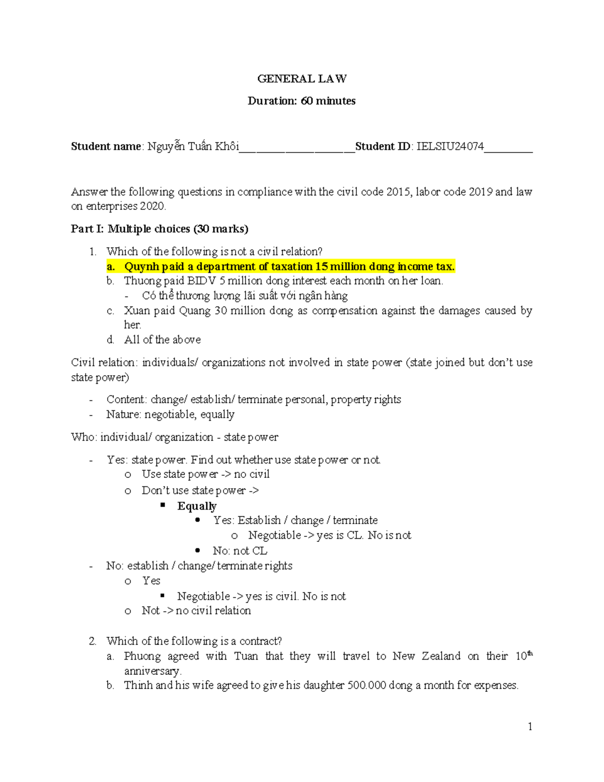 GENERAL LAW 2020: Final Exam Questions and Problem Solving - Studocu