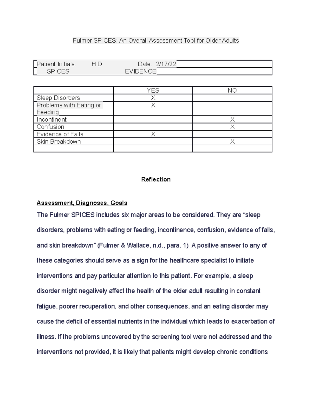 Spices Assignment (Final Draft) - Fulmer SPICES: An Overall Assessment Tool for Older Adults ...