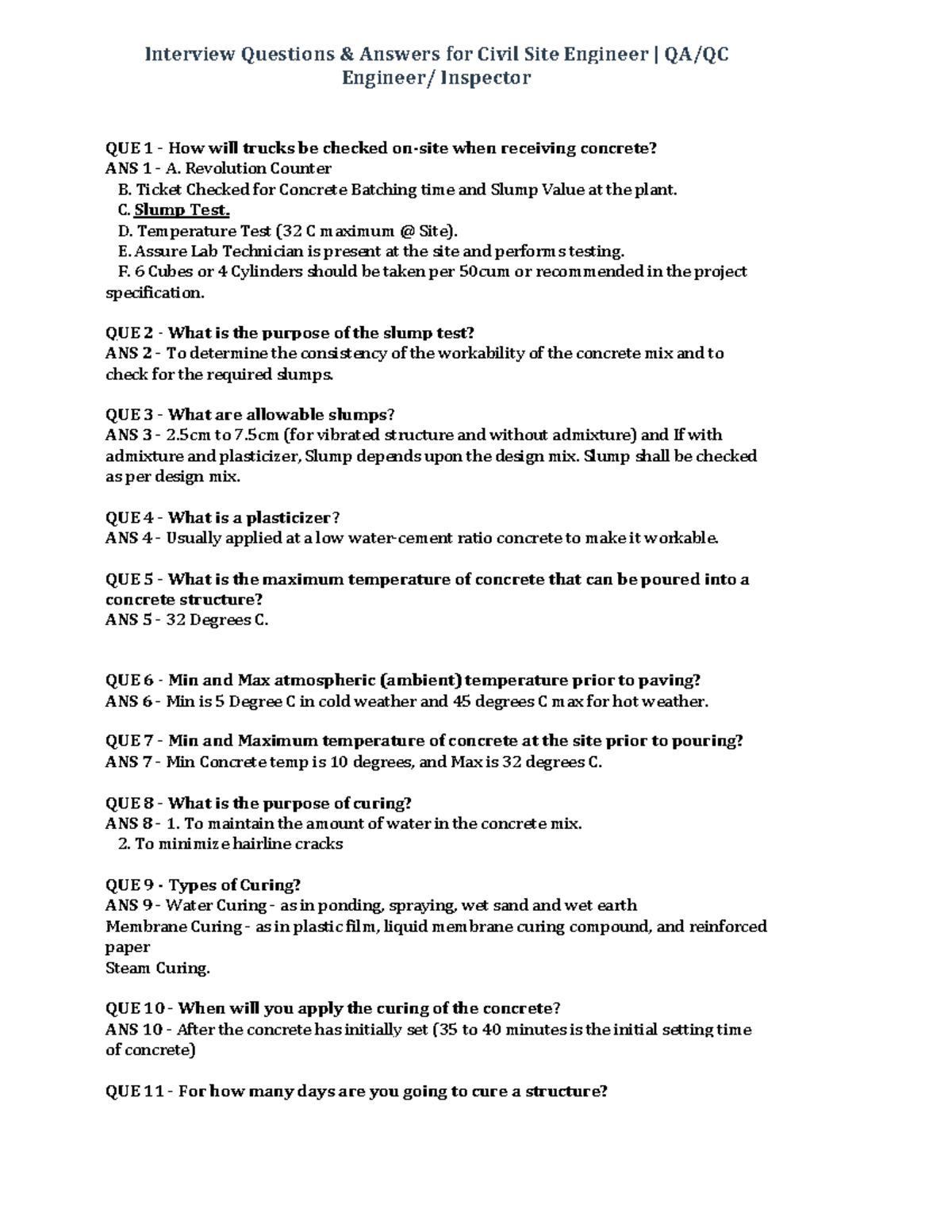Civil Engineer Interview Questions & Answers - Engineer/ Inspector QUE ...