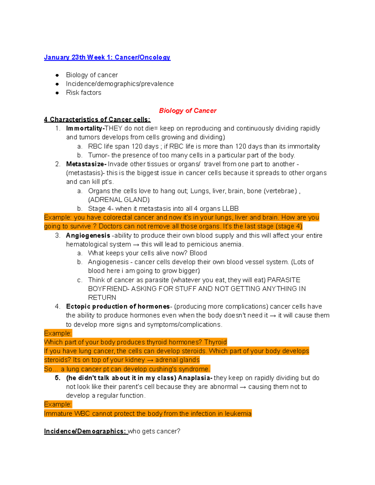 450 Med Surg 2 - Week 1 Cancer/Oncology Lecture Notes for Study - Studocu