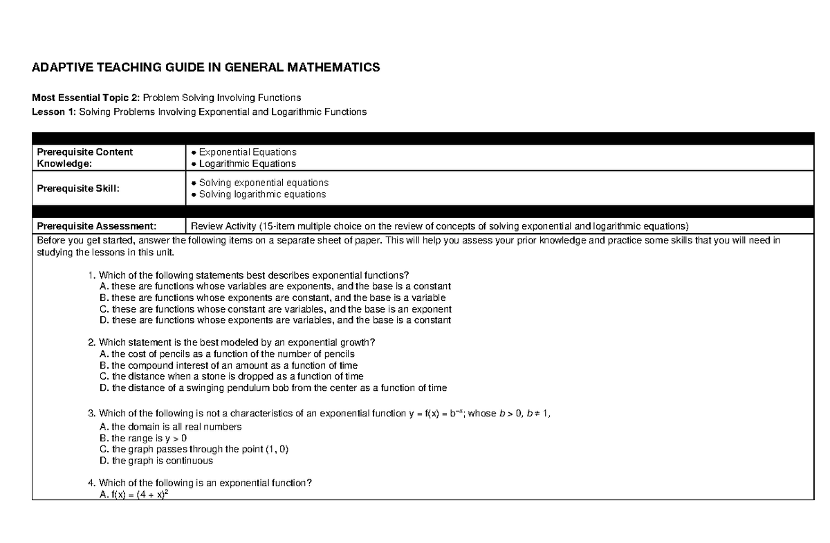 Adaptive Teaching Guide IN General Mathematics - ADAPTIVE TEACHING ...