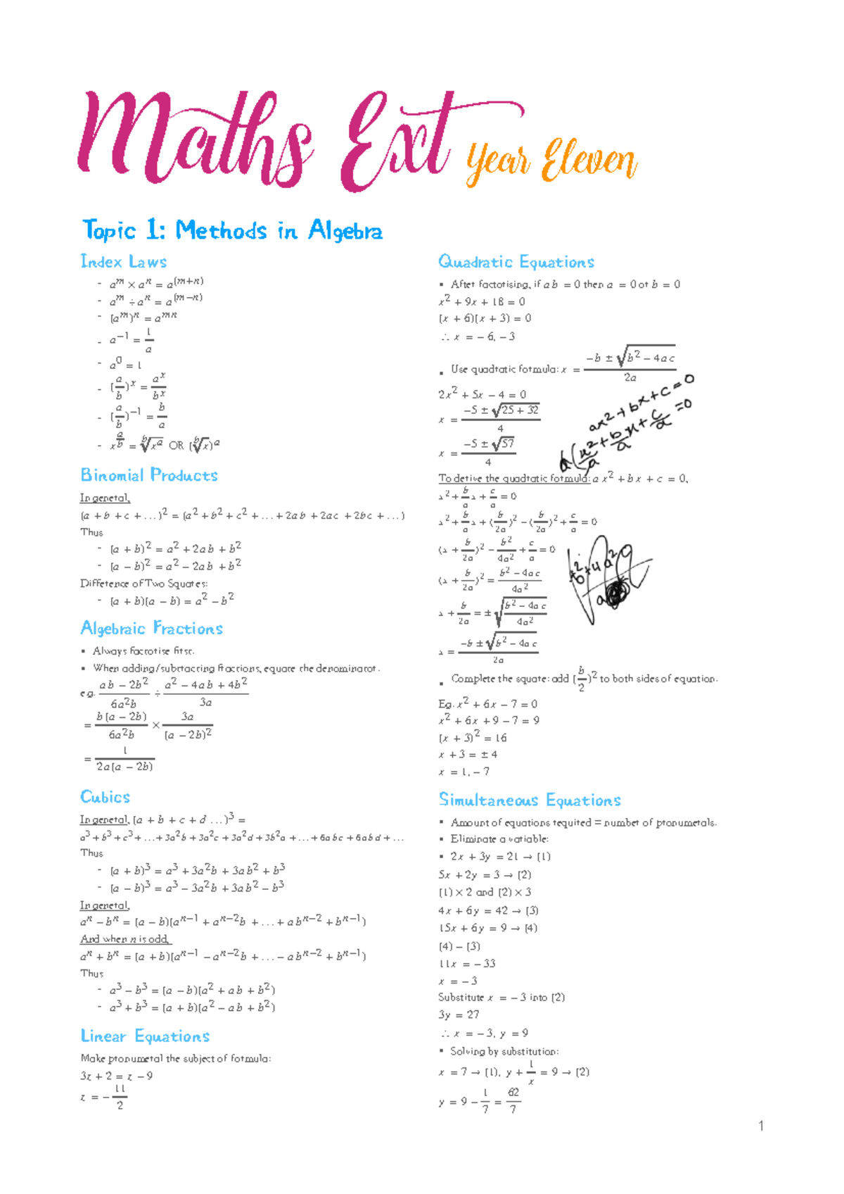 Prelim Math Extension 1: Algebra and Probability Formula Sheet - Studocu