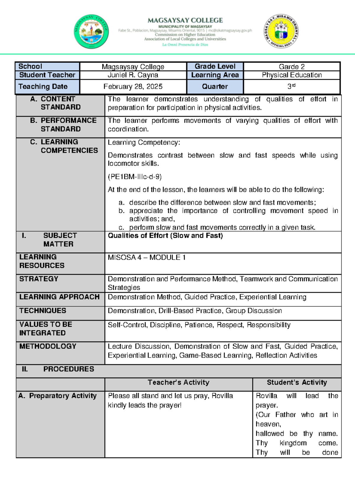 BPEd 2A Lesson Plan: Qualities of Effort in Physical Education - Studocu