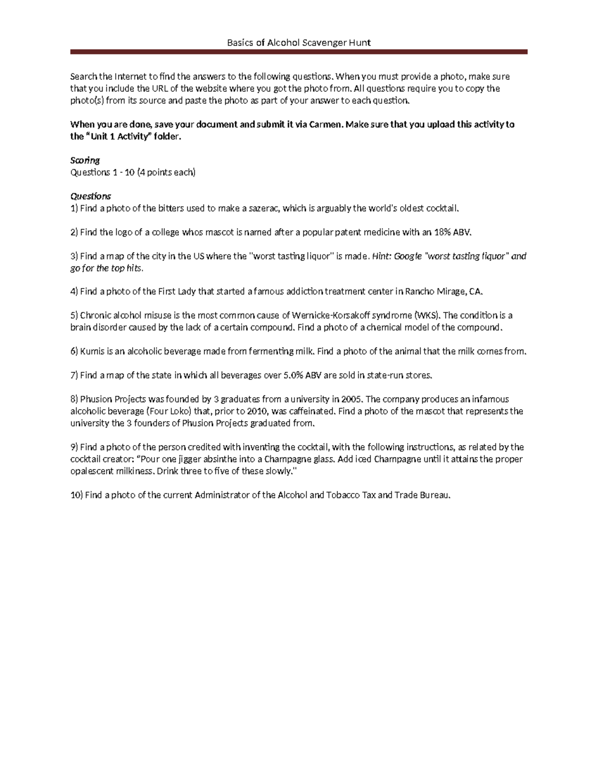 Unit 1 Activity: Basics of Alcohol Scavenger Hunt (10 Questions) - Studocu