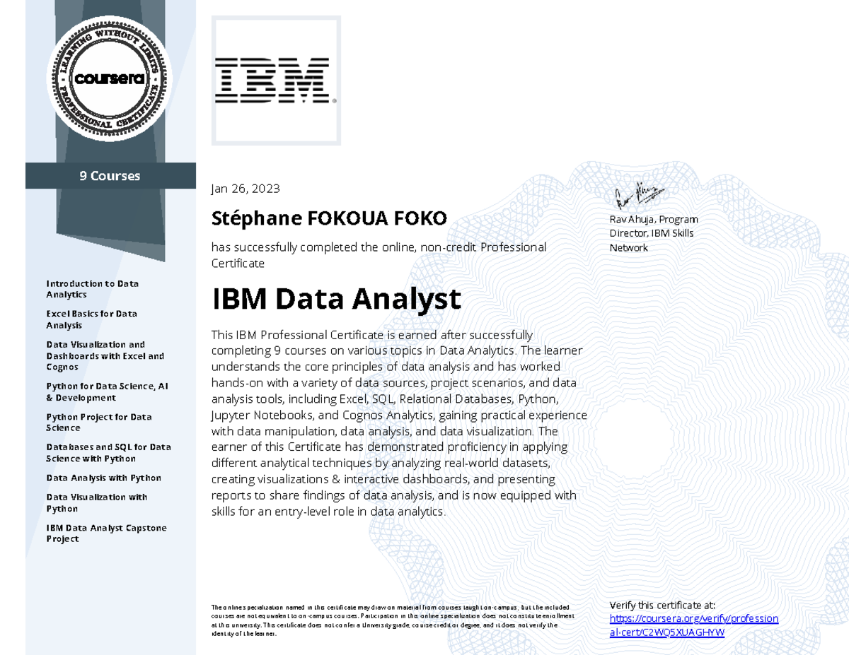 IBM Professional Certificate: Data Analytics Overview (9 Courses) - Studocu