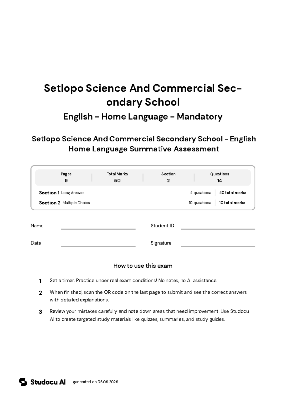 English Home Language Summative Assessment - Setlopo School - Studocu