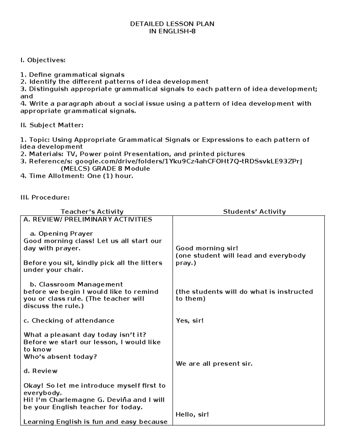 Detailed Lesson PLAN ENG-8 - DETAILED LESSON PLAN IN ENGLISH- I ...