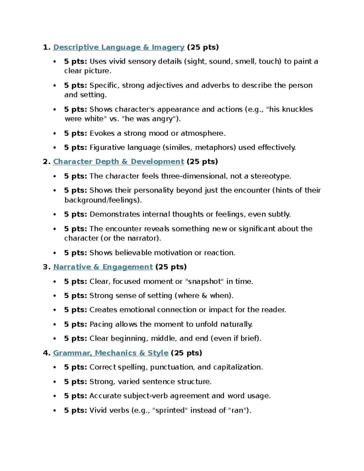 Rubric for Descriptive Language & Character Development (25 pts) - Studocu