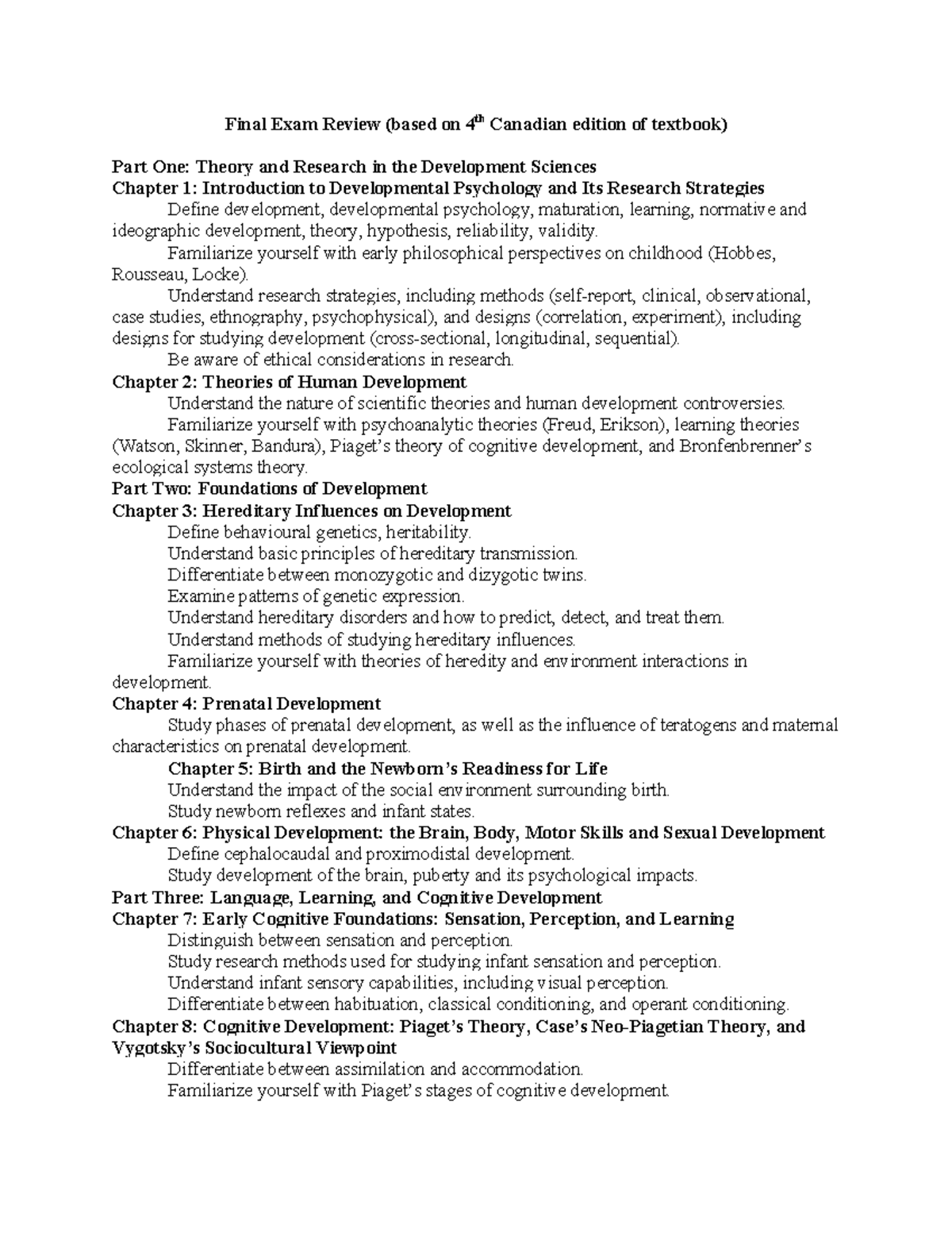 Final Exam Review PSY 101: Developmental Psychology Concepts and Theories - Studocu
