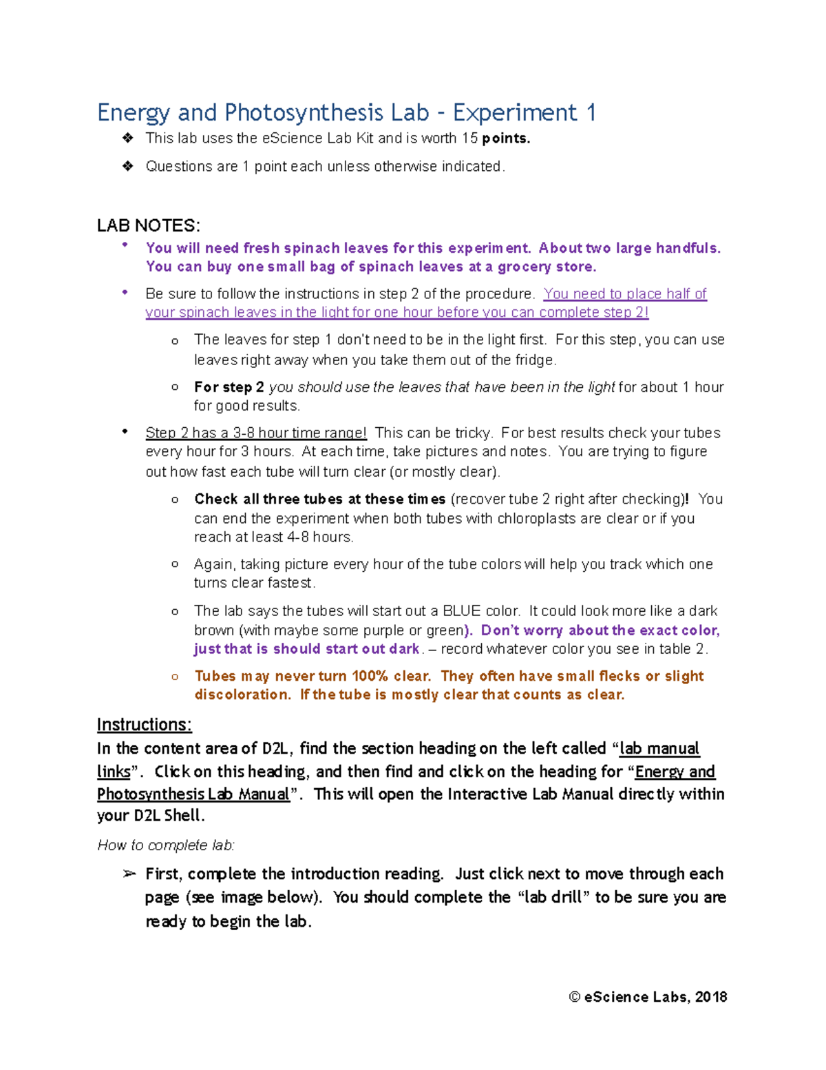Energy and Photosynthesis Lab (Experiment 1) - Lab Instructions ...