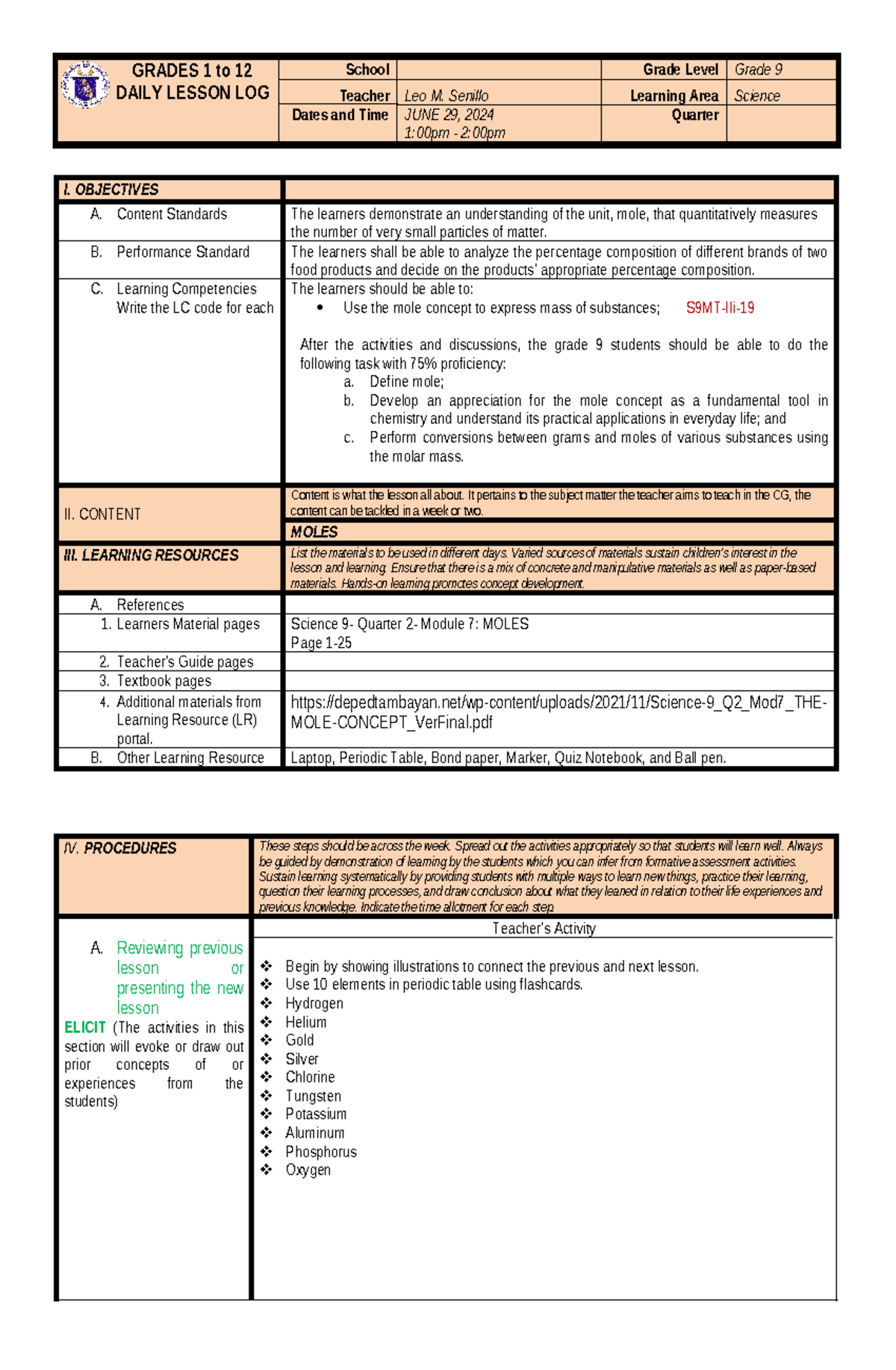 G10 MOLE - LESSON LOG FOR GRADE 9 SCIENCE ON MOLE CONCEPT - Studocu