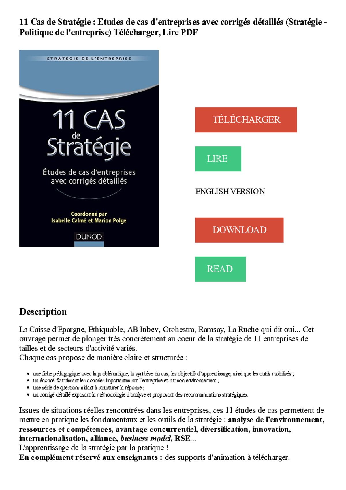 11 Cas de Stratégie : Études de Cas d'Entreprises avec Corrigés Détails ...