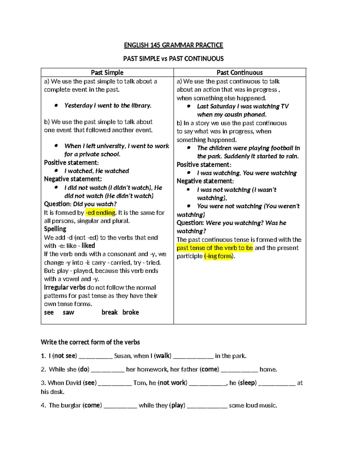 ENGL 145 Past Simple -Past Continuous - ENGLISH 145 GRAMMAR PRACTICE ...