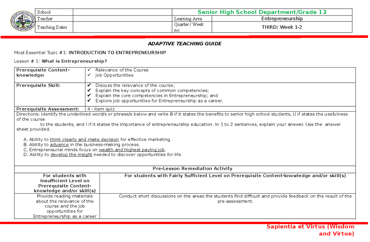 664879339 ATG Intro to Entrepreneurship Lesson Guide & Benefits for SHS ...