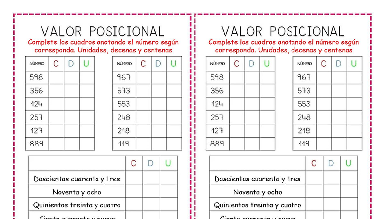 VALOR POSICIONAL: Ejercicios de Unidades, Decenas y Centenas - Studocu