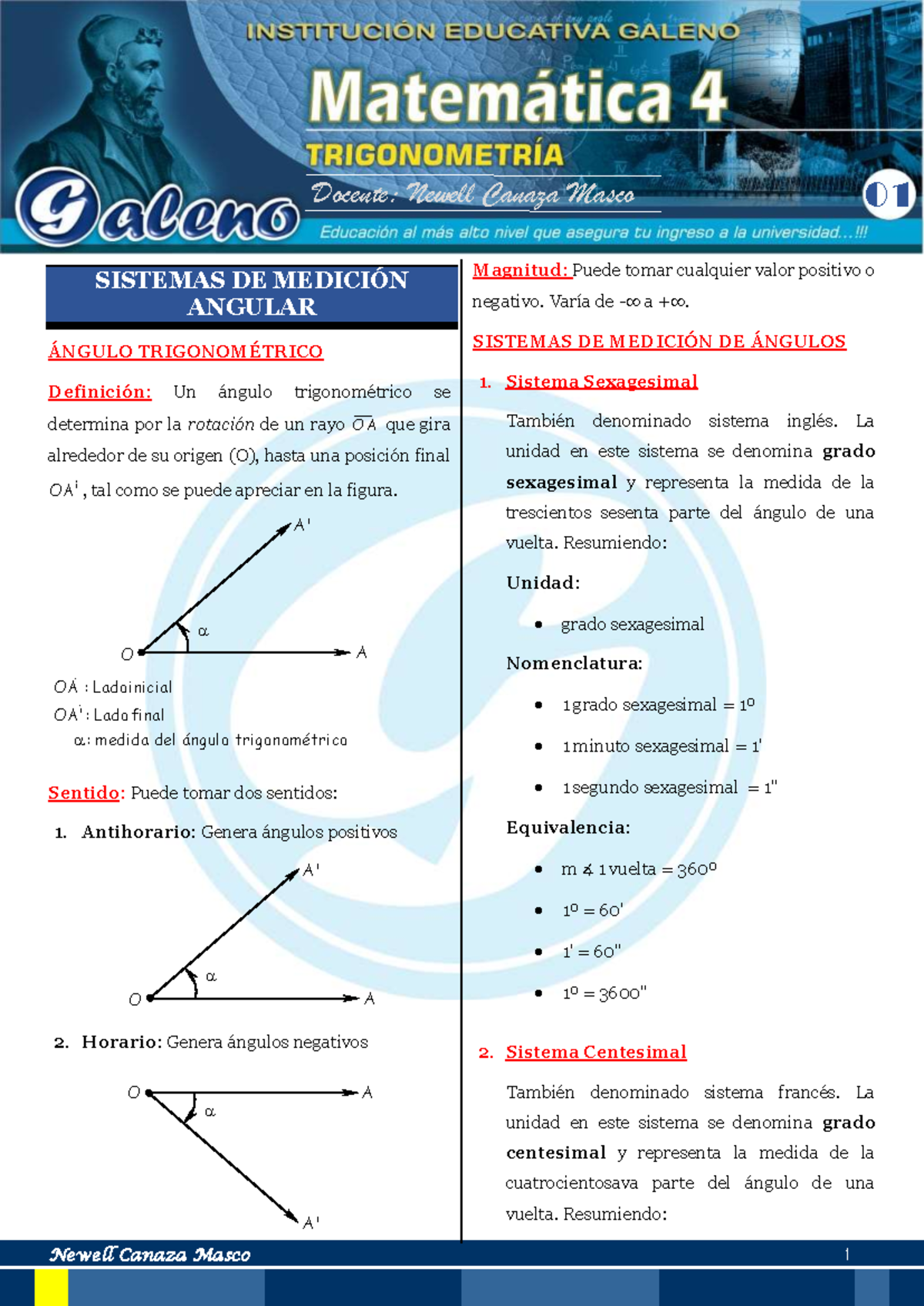TRIGONOMETRÍA 01 - Sistemas de Medición Angular y Razones ...