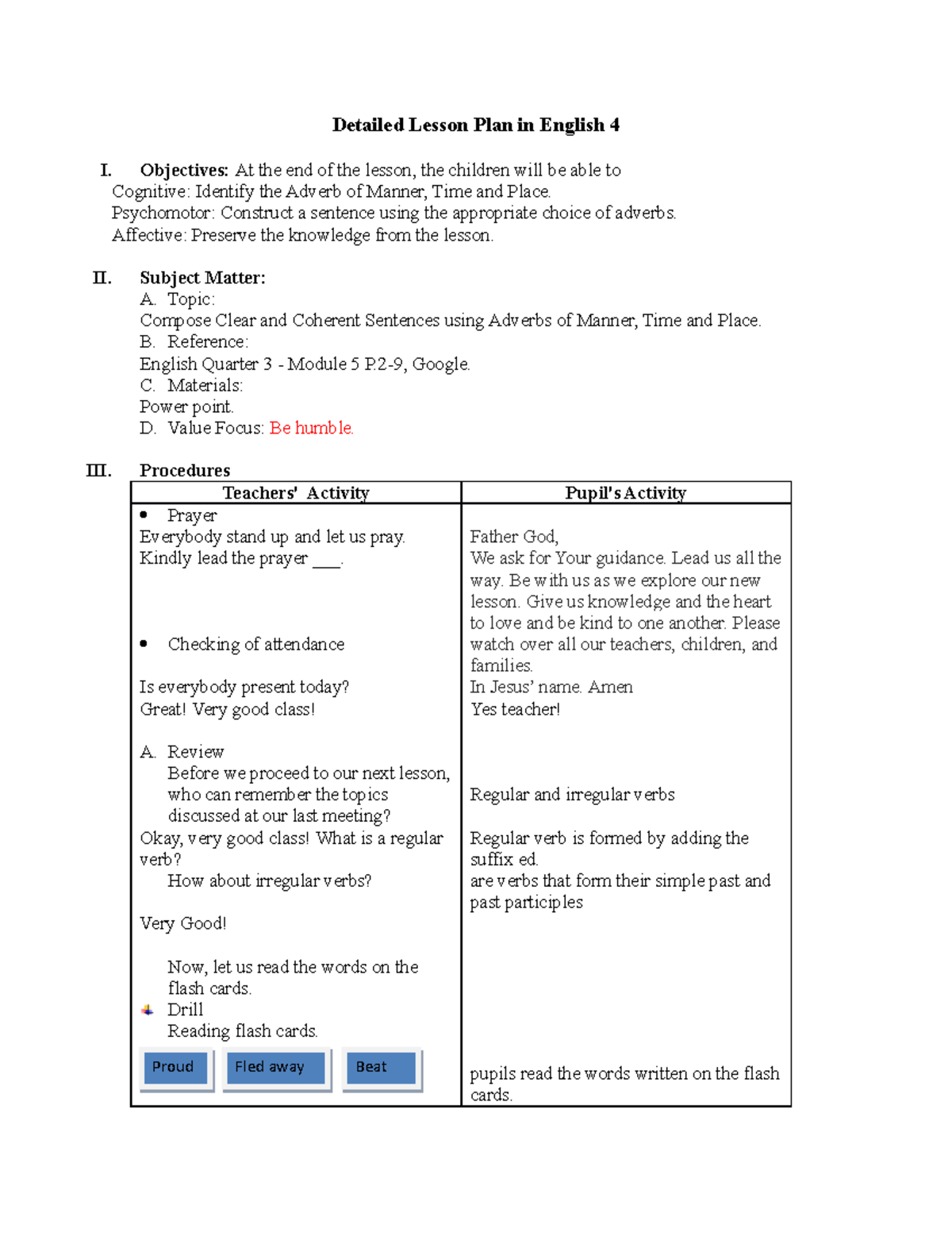Detailed Lesson Plan: Adverbs of Manner, Time, and Place (Eng 4) - Studocu